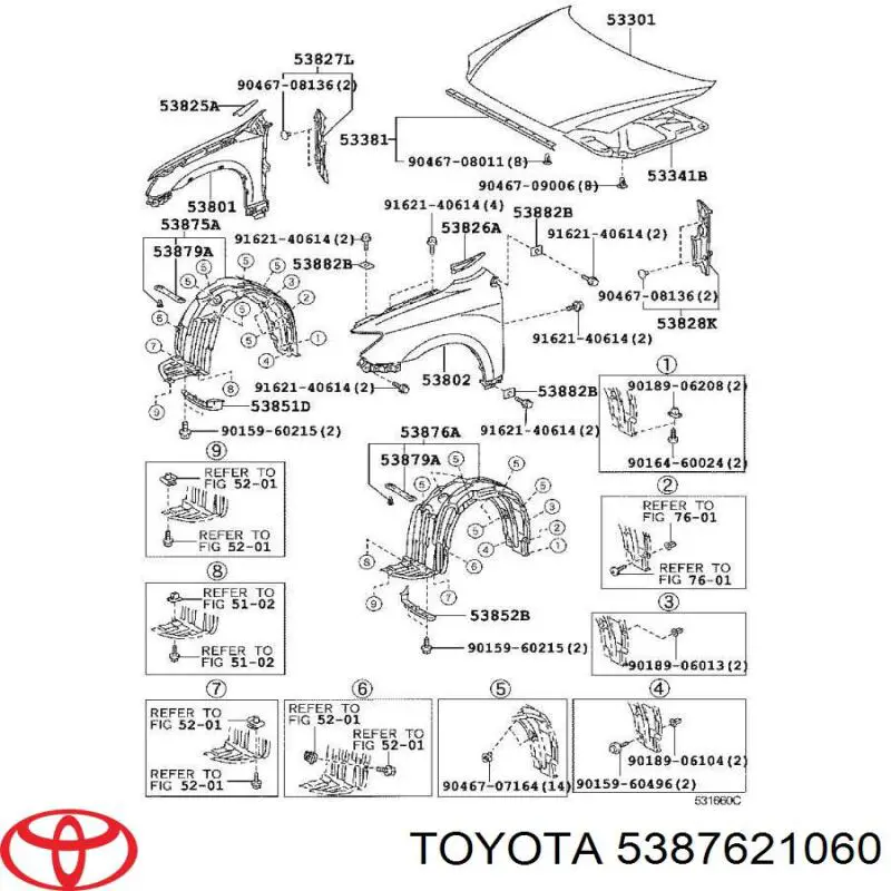 5387621060 TOYOTA guardabarros interior izquierdo, aleta delantera