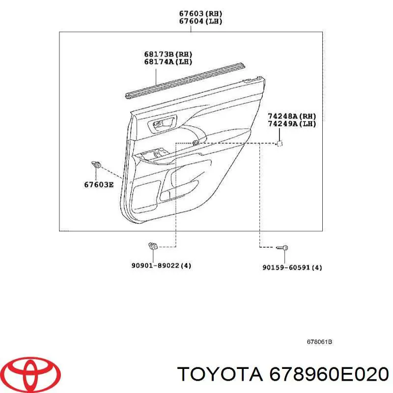 678960E020 Toyota junta de puerta trasera izquierda (en puerta)